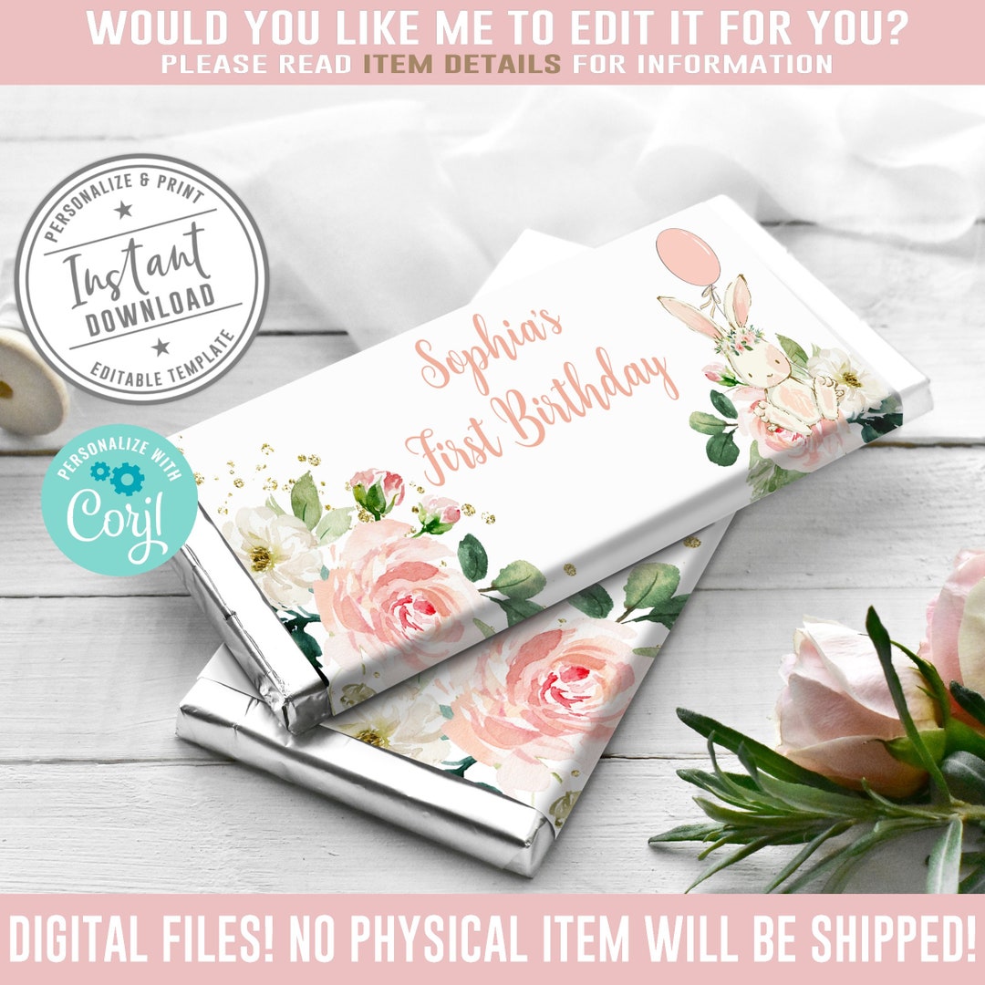 EDITABLE Bunny Party Chocolate Wrapper, Birthday, Corjl Template, Candy ...