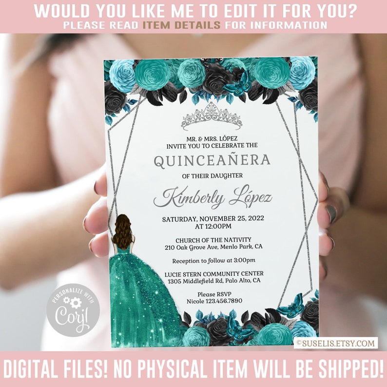 EDITABLE Quinceanera Invitation Back Turquoise Black - Etsy