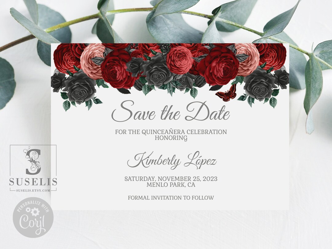 Editable Save the Date Card Template Red Black Flowers Mis - Etsy