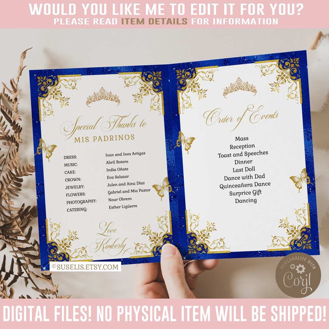 EDITABLE Bi-fold Quinceanera Program Royal Blue Gold Floral - Etsy