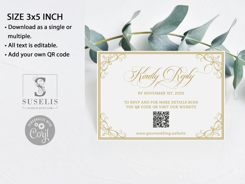 Editable RSVP Card, Kindly Reply, Gold Corners, Upload QR Code, White ...
