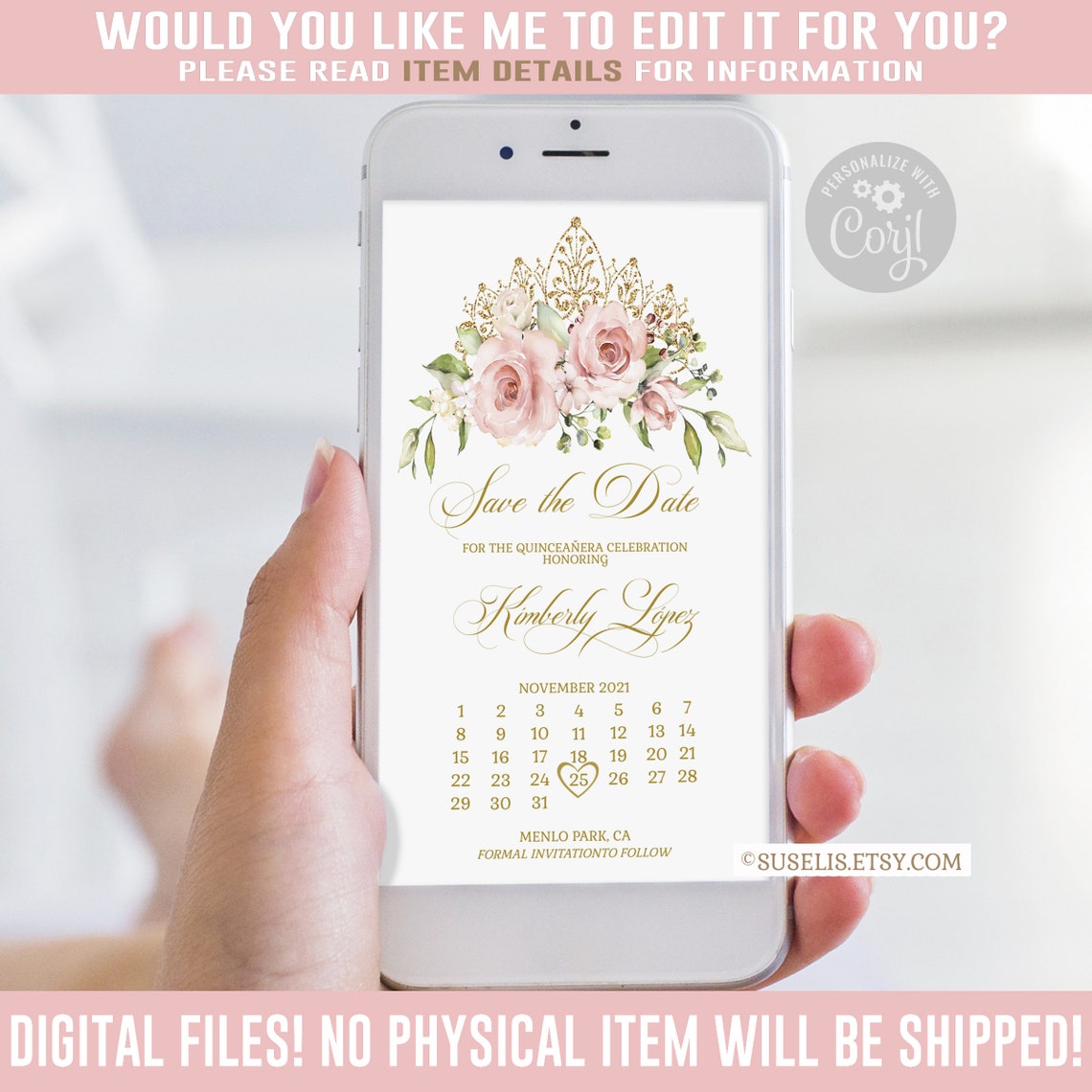 Editable Calendar Save the Date Evite Text Invite Blush Pink - Etsy