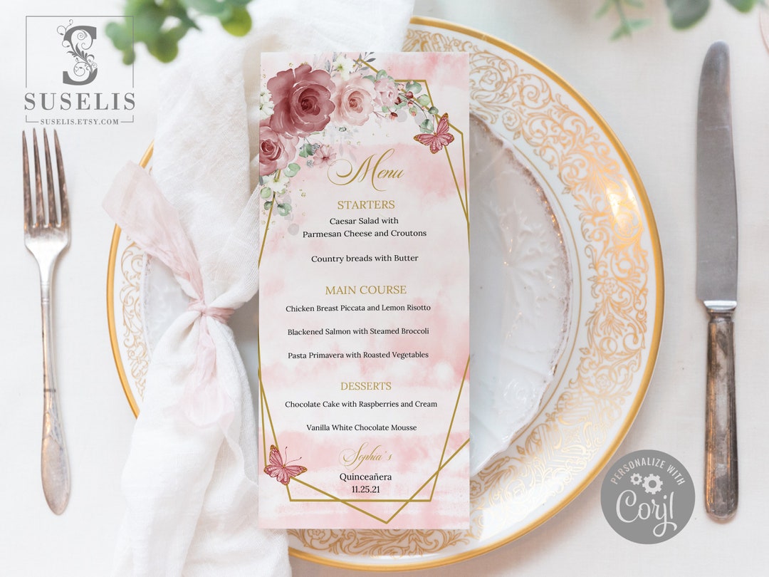 EDITABLE Menu Template, Blush Flowers, Quinceanera, Sweet 16, Reception ...