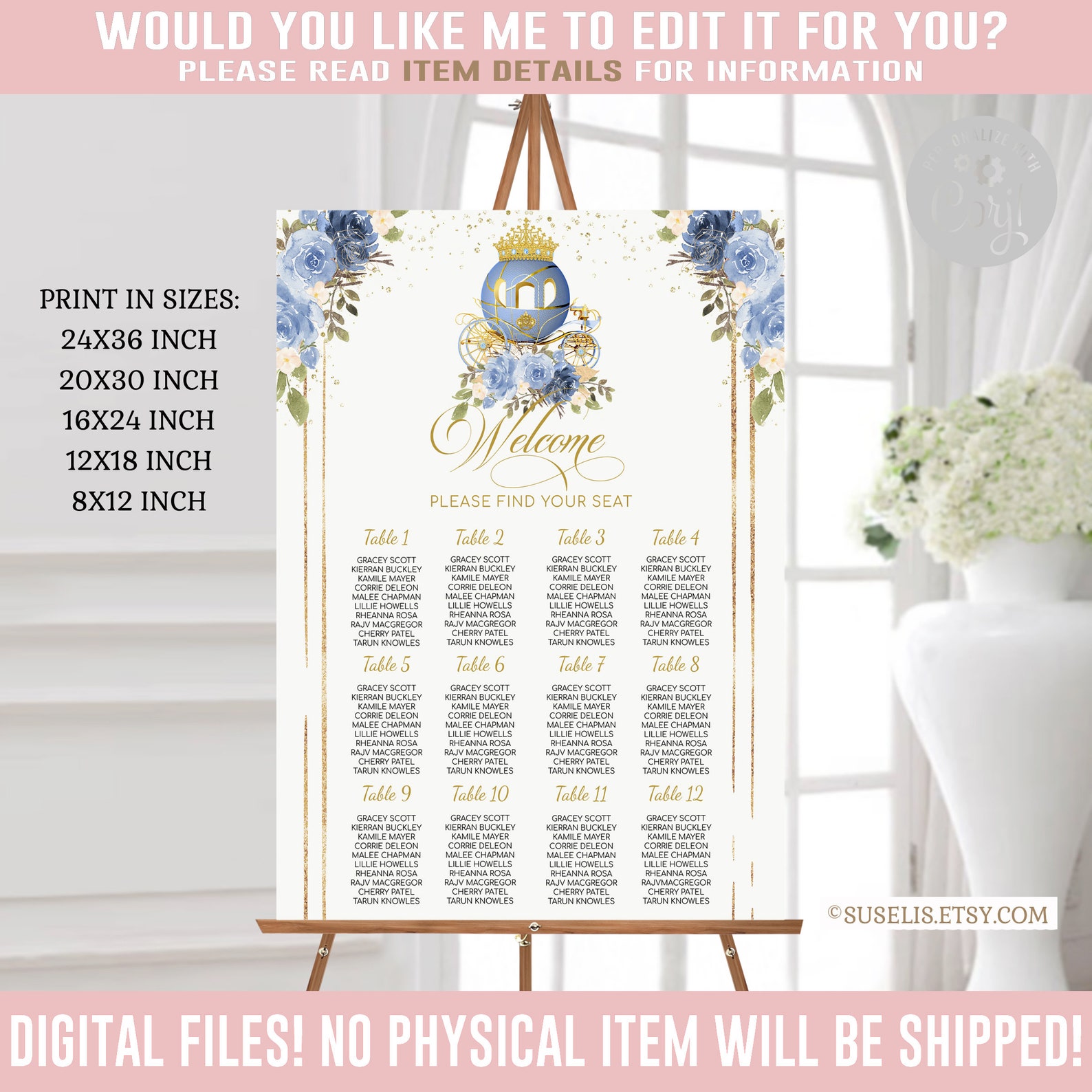 EDITABLE Seating Chart Table Plan Watercolor Baby Blue - Etsy