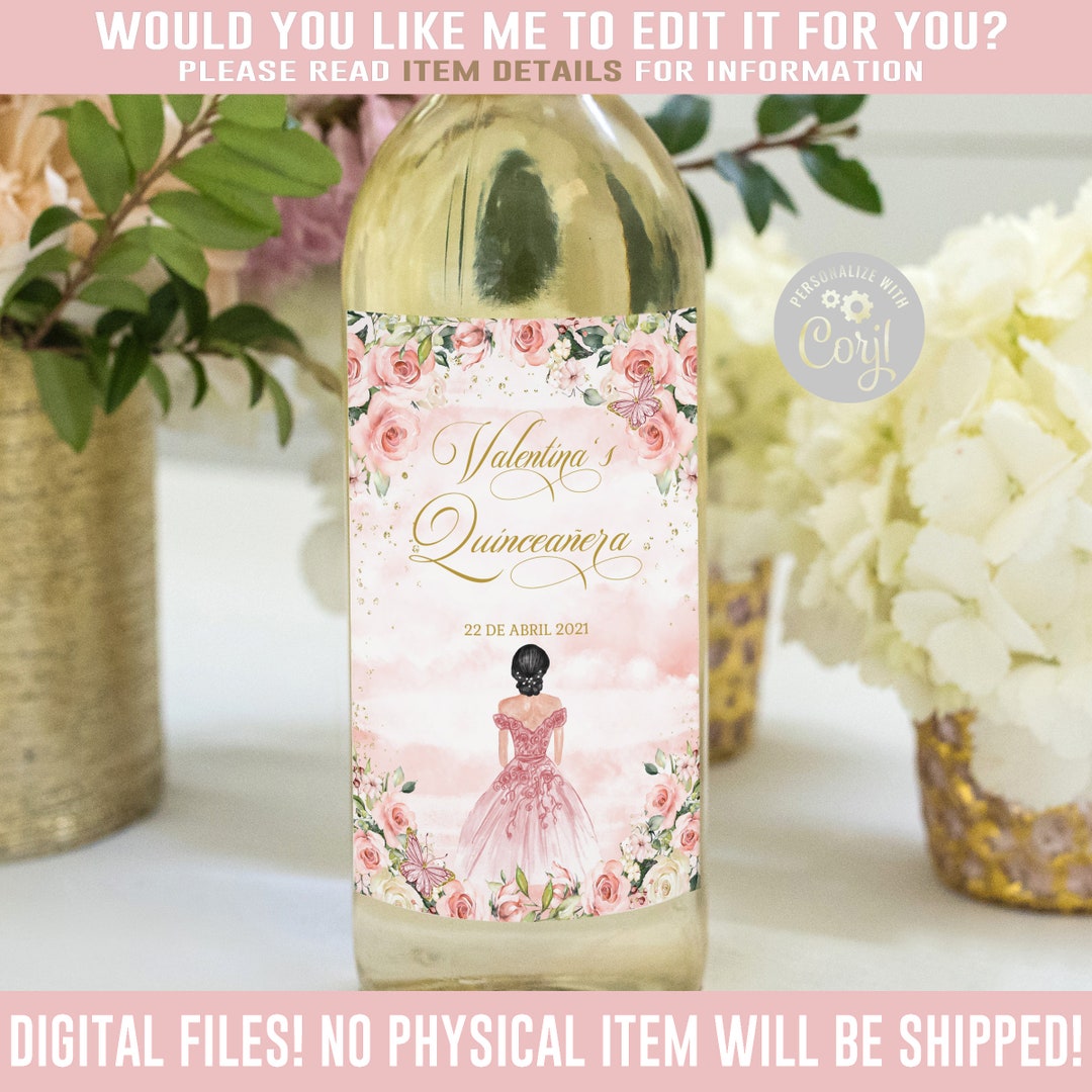 EDITABLE Quinceañera Wine Bottle Labels, Blush Pink, Butterfly, Mis ...