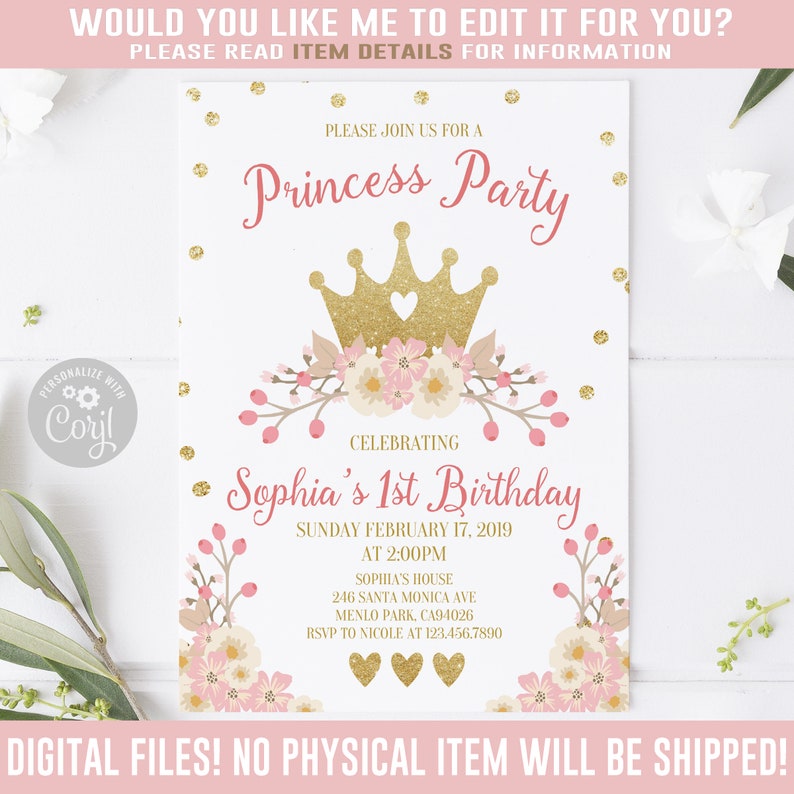 EDITABLE Princess Birthday Invitation Corjl Template Gold - Etsy