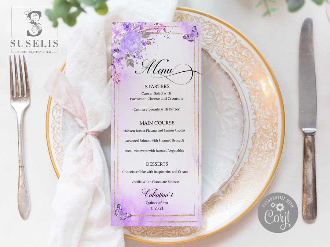 EDITABLE Menu Template, Quinceanera, Sweet 16, Purple Flowers, 15th ...