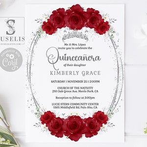 EDITABLE Quinceanera Invitation Template, Ruby Red Flowers, Silver ...