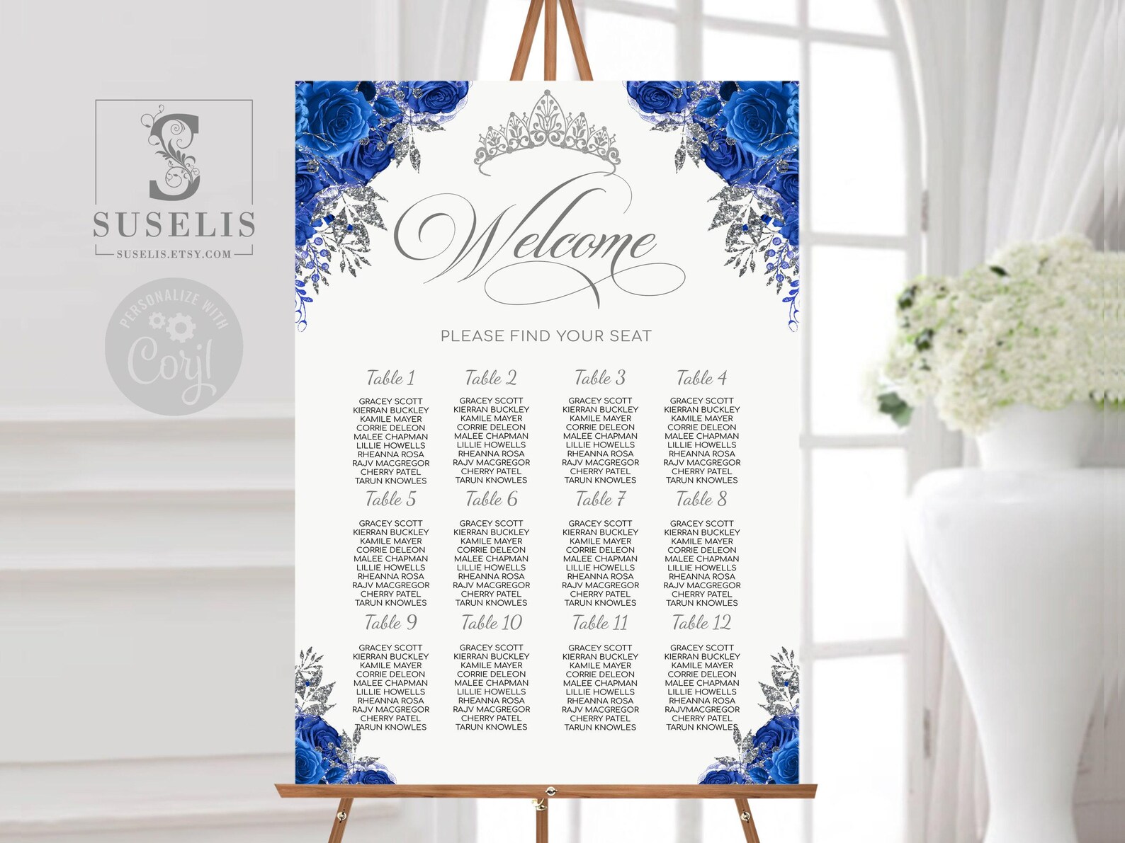 EDITABLE Seating Chart Template, Table Plan, Royal Blue Flowers, Floral ...