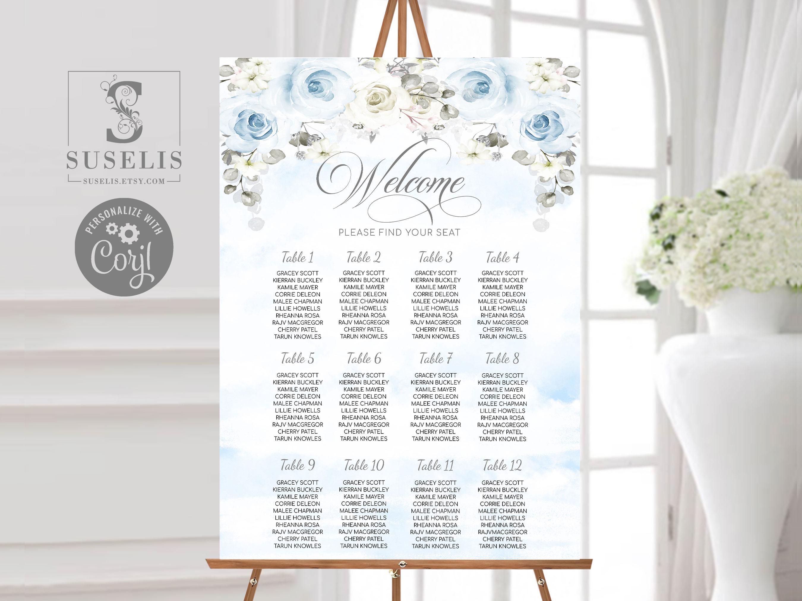 EDITABLE Seating Chart, Seating Plan, Table Plan, Watercolor Baby Blue ...