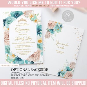 EDITABLE Quinceanera Invitation & Back Turquoise Teal - Etsy