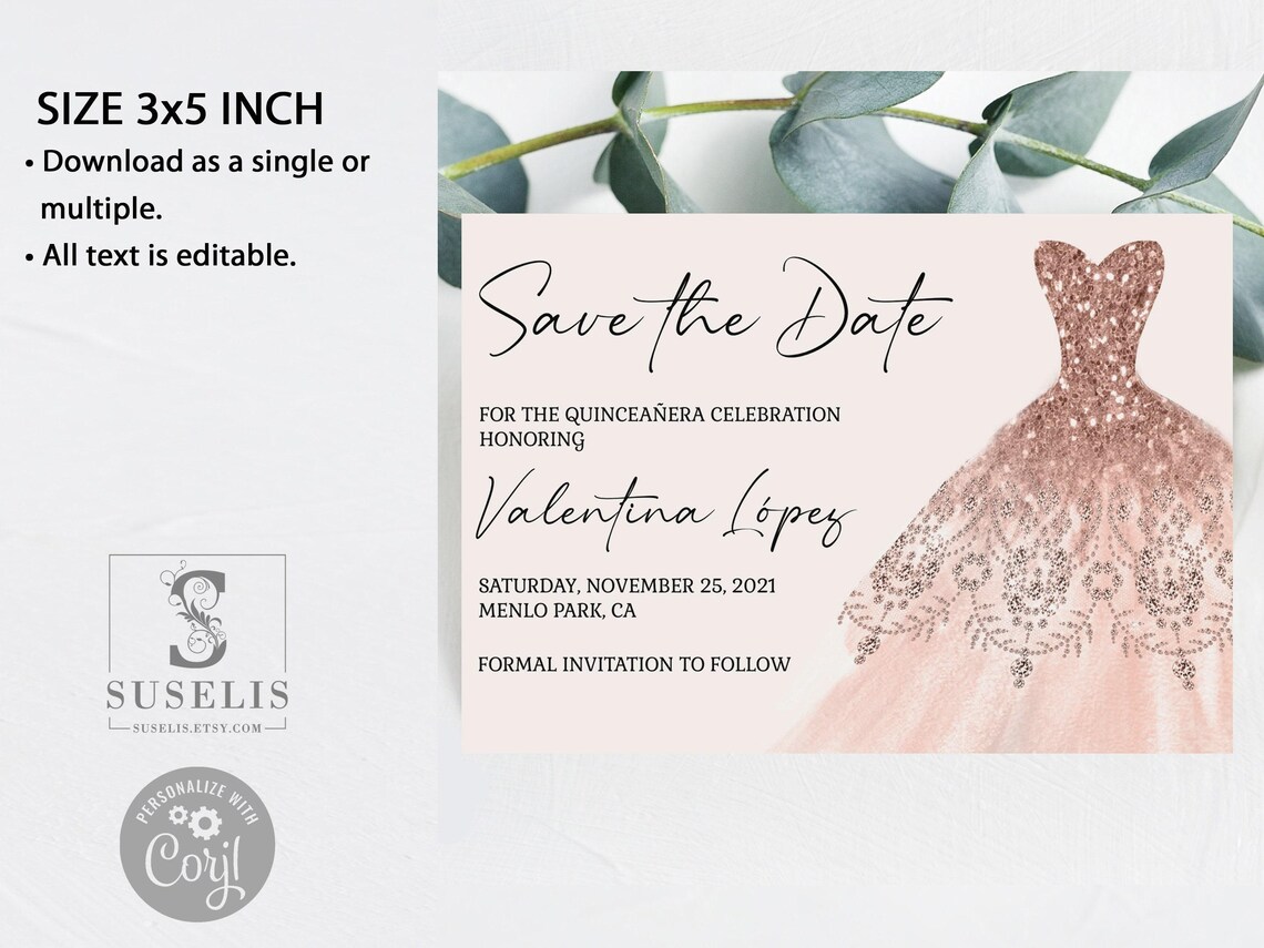 Editable Quinceañera Save the Date Template, Blush Pink Gold, Dress ...