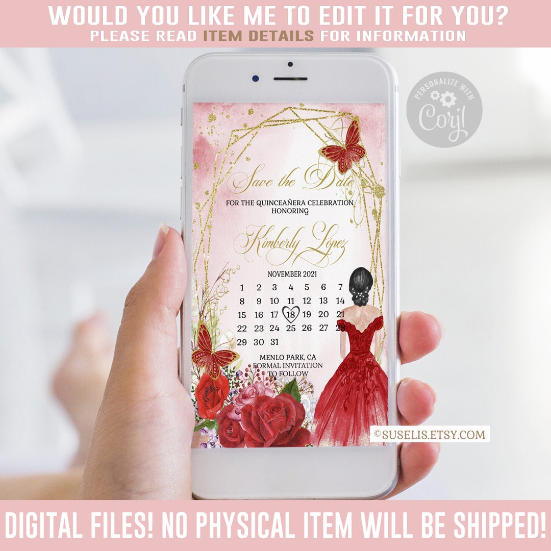 Editable Save the Date Evite Calendar Text Invite Red Gold - Etsy