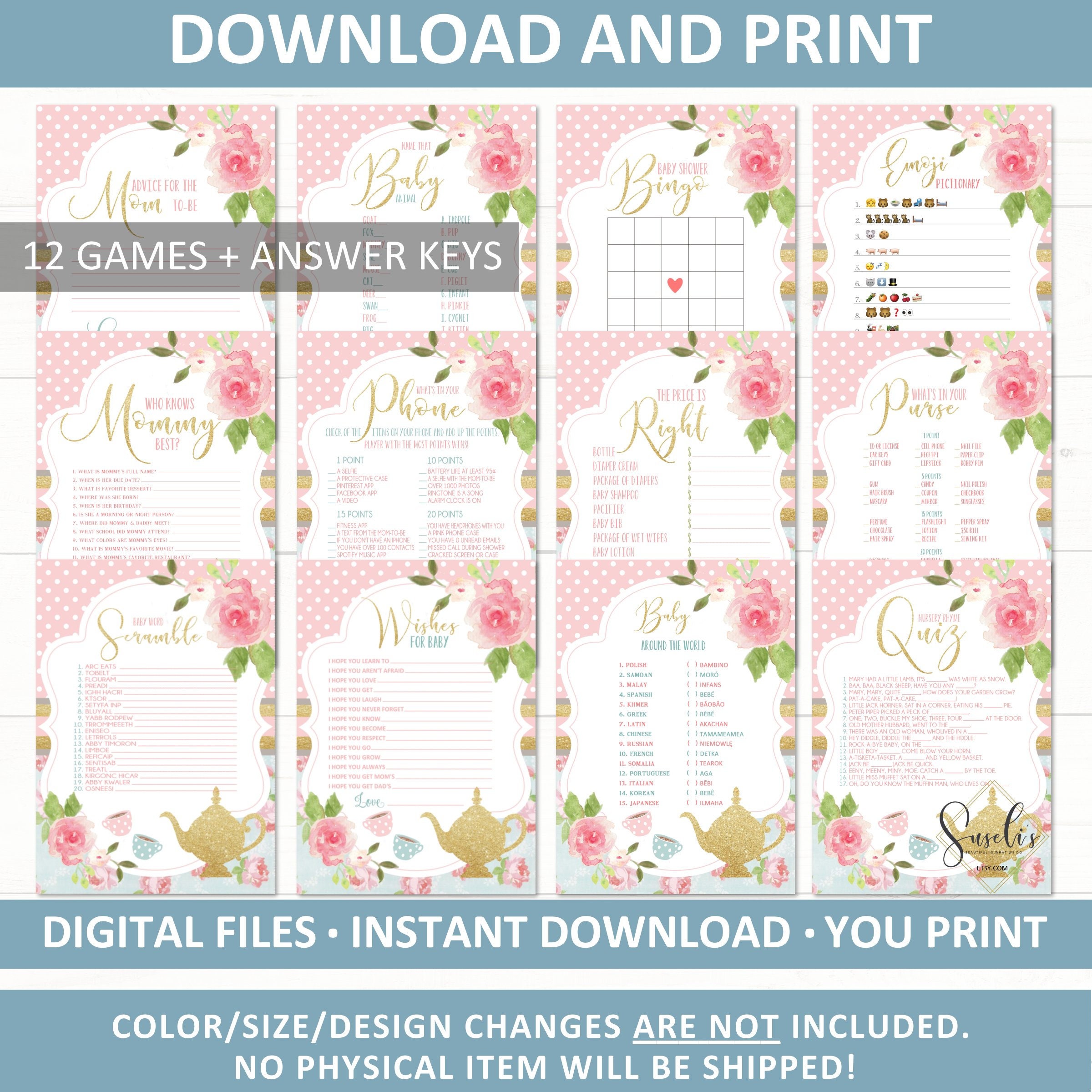 Printable Baby Shower Game Bundle 12 Games Tea Party Theme | Etsy