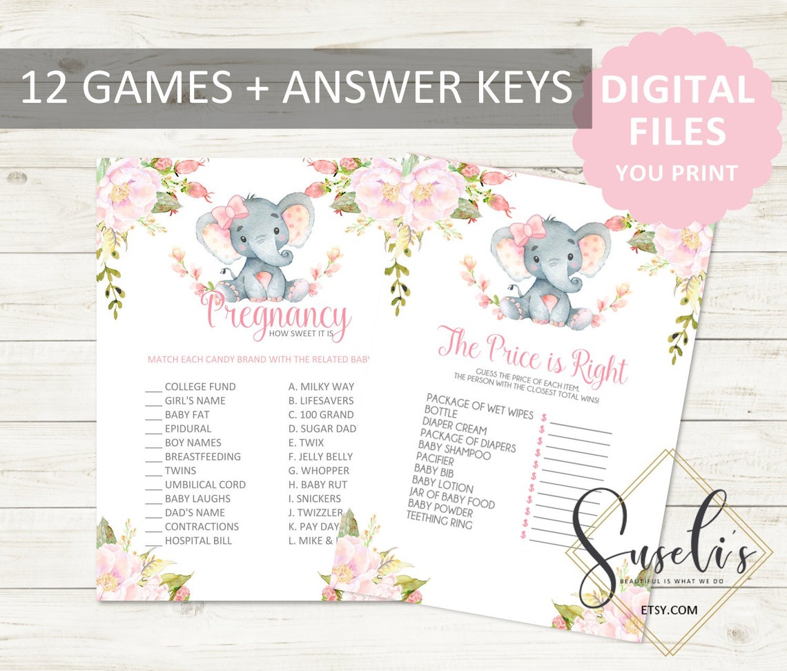 Printable Baby Shower Game Bundle 12 Games Elephant Theme | Etsy