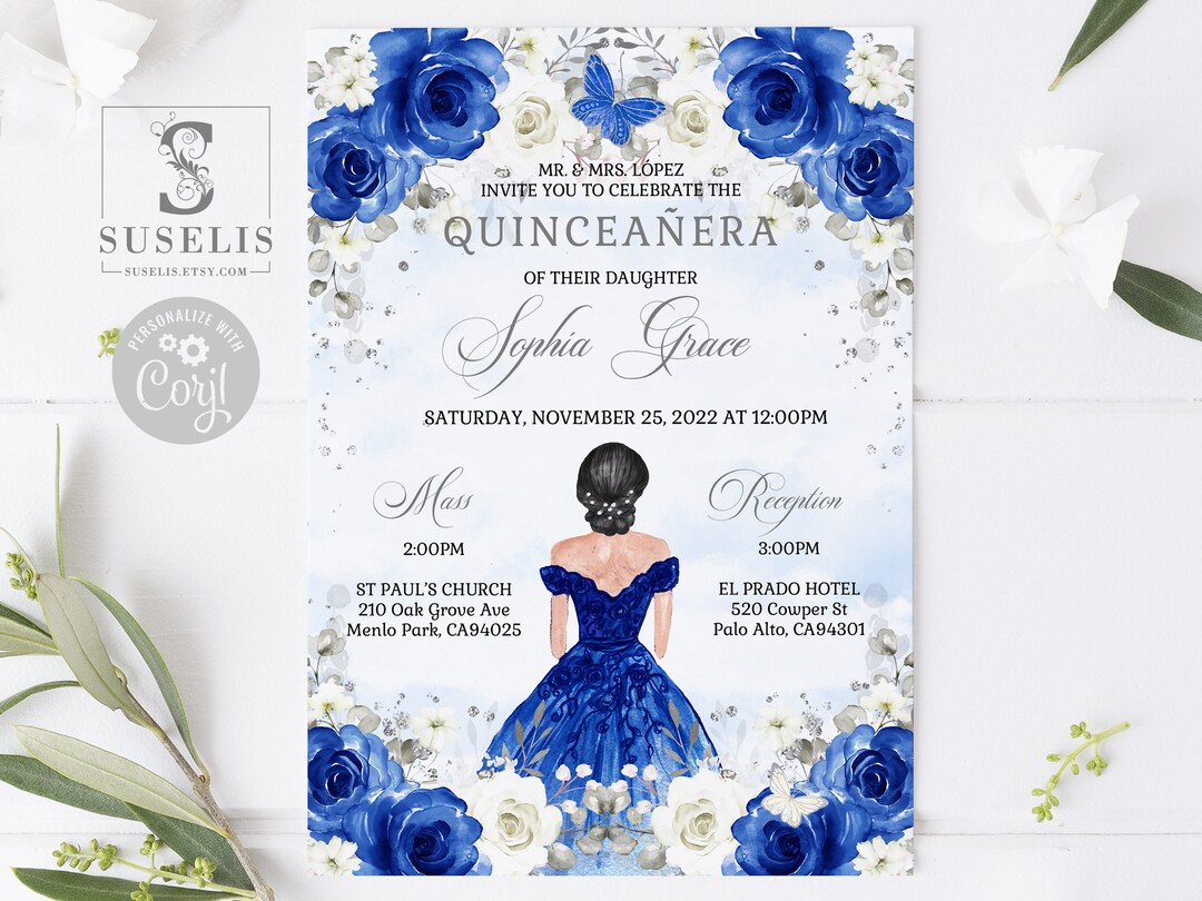 EDITABLE Quinceanera Invitation Template, Lista De Padrinos, Royal Blue ...