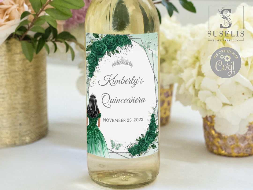EDITABLE Quinceañera Wine Bottle Label Template, Silver Emerald Green ...