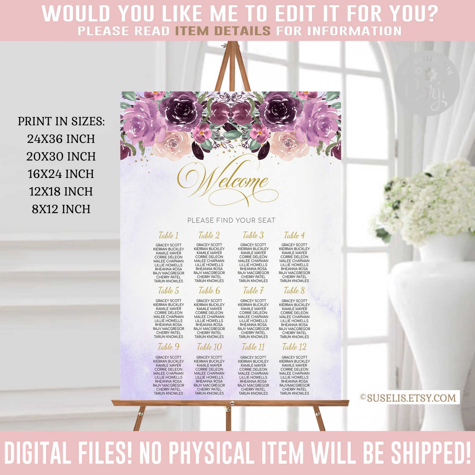 EDITABLE Seating Chart Table Plan Watercolor Purple Gold - Etsy