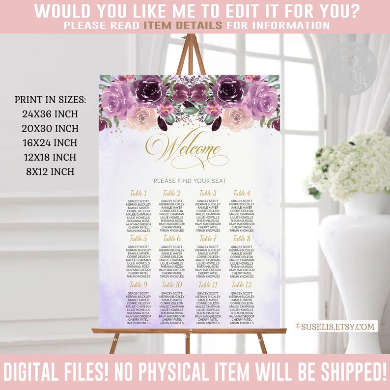 EDITABLE Seating Chart Table Plan Watercolor Purple Gold - Etsy