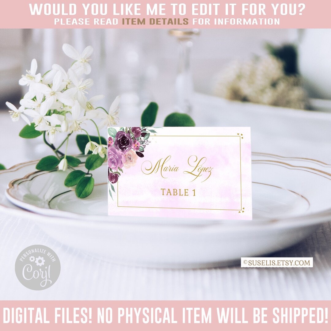 Editable Place Card Table Seating Card Purple Pink Flowers - Etsy