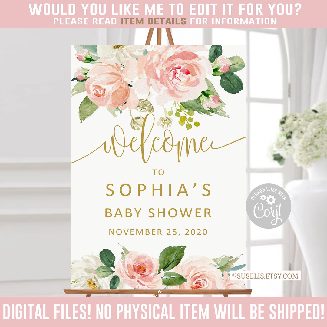 EDITABLE Baby Shower Welcome Sign, Corjl Template, Girl Watercolor ...