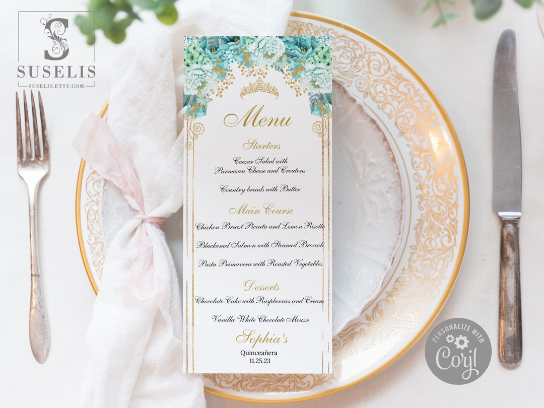 EDITABLE Menu Template, Quinceanera, Sweet 16, Gold Mint Green Flowers ...