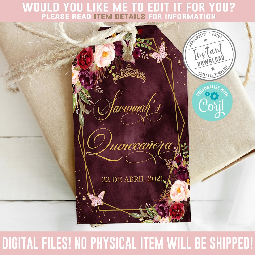 Editable Quinceanera Favor Tag, Burgundy, Gift Tag, Mis Quince Anos ...