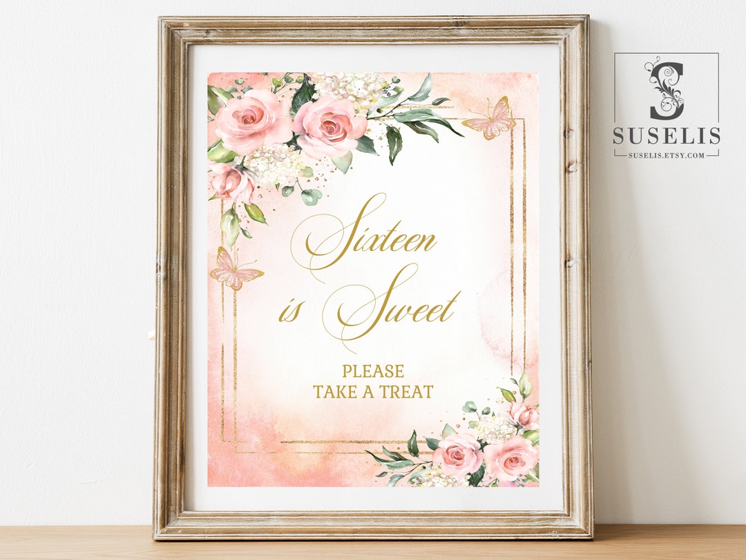 Printable Sixteen is Sweet Treat Sign, Sweet 16, Blush Pink Flowers ...