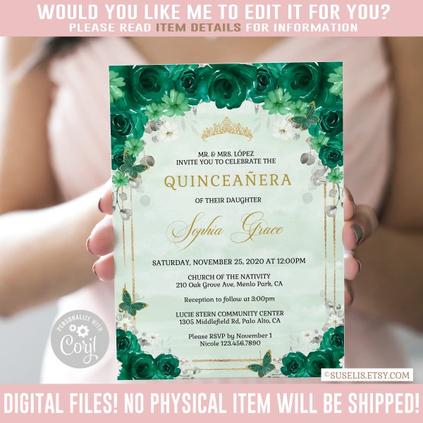 Editable Invitation, Emerald Green Floral Quinceanera Invitation ...