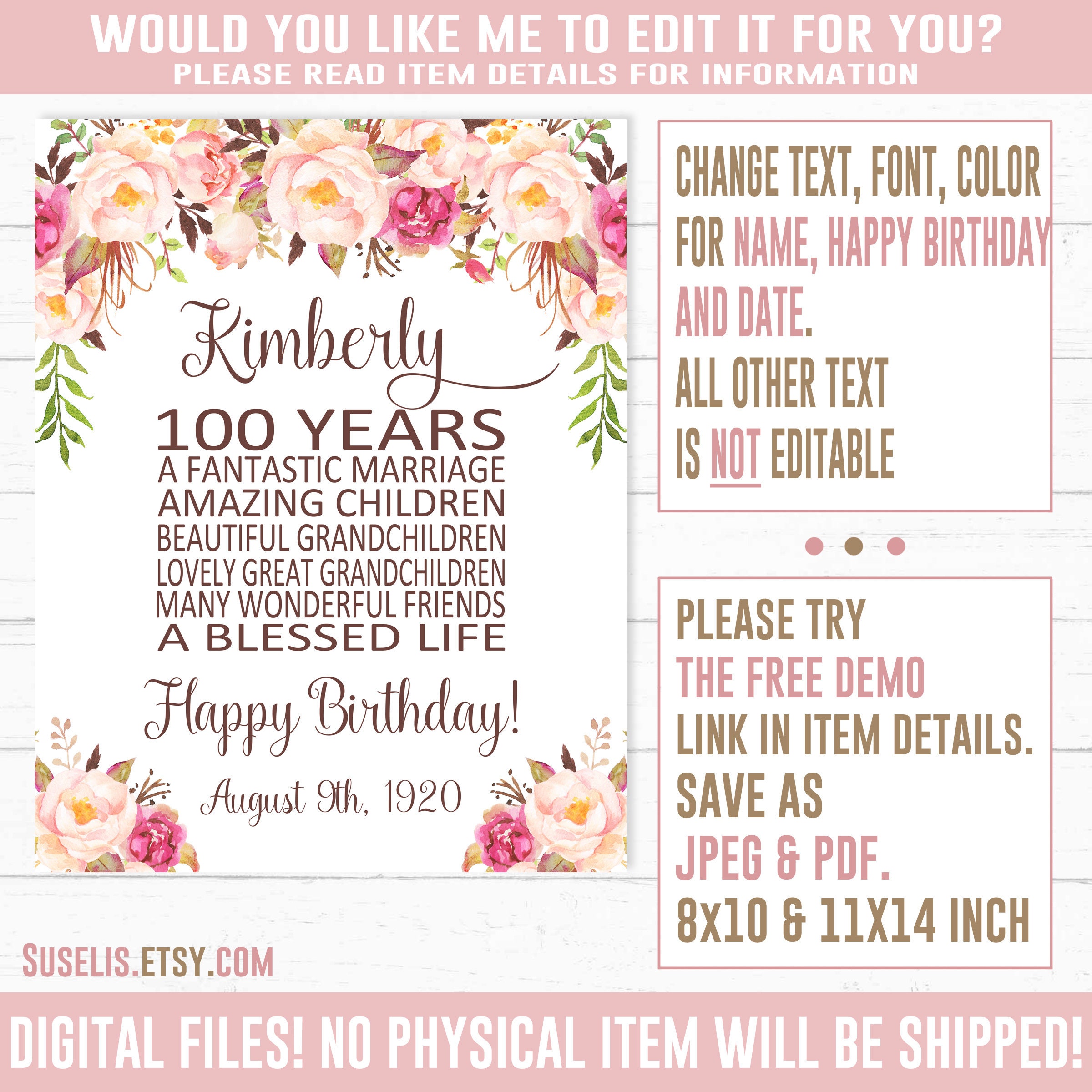 Editable 100th Birthday Gift Print Corjl Template sign 100 | Etsy