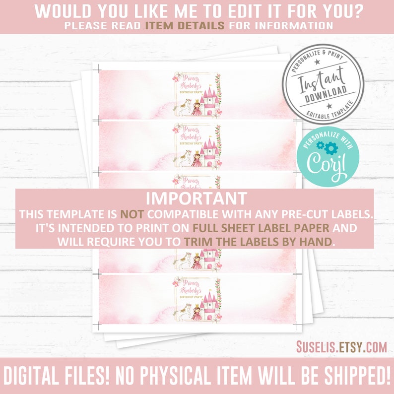 EDITABLE Princess Water Bottle Labels Corjl Template - Etsy