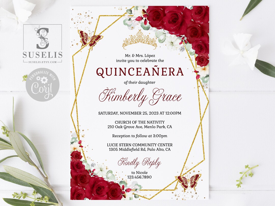 EDITABLE Ruby Red Roses, Quinceanera Invitation & Back Template ...
