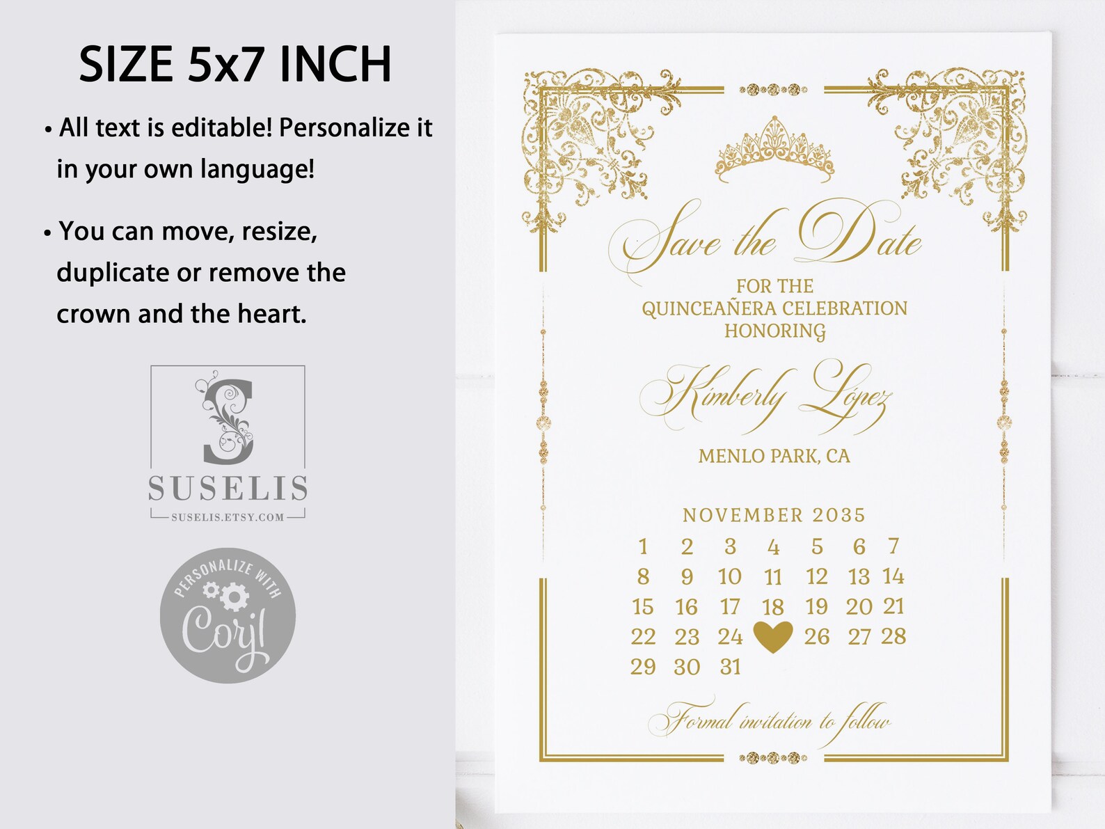 Editable Quinceañera Calendar Save the Date Card Template, Gold ...