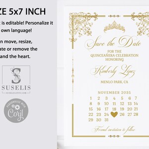 Editable Quinceañera Calendar Save the Date Card Template, Gold ...