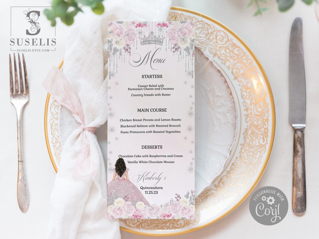 EDITABLE Menu Template, Quinceanera, Sweet 16, Blush Pink Flowers ...