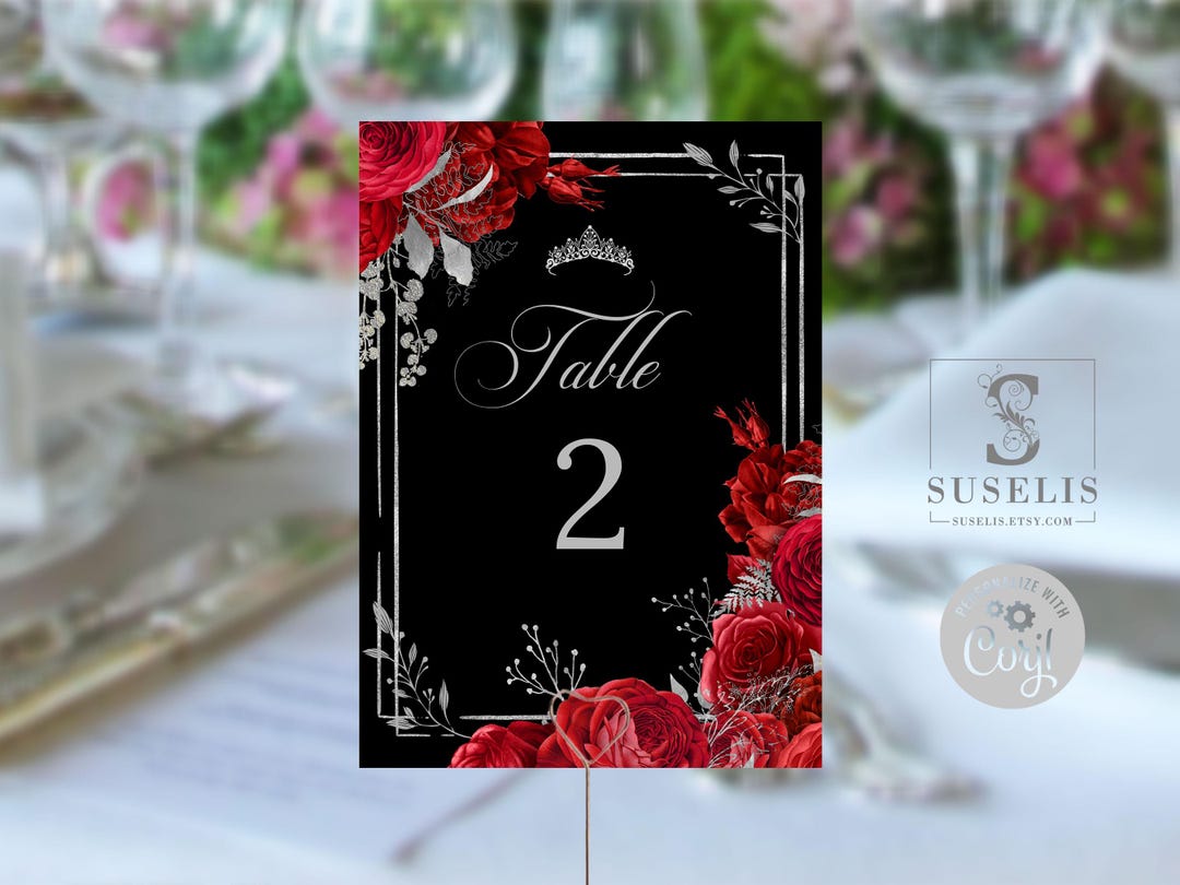 EDITABLE Table Numbers Template, Quinceanera, Ruby Red Flowers, Mis ...