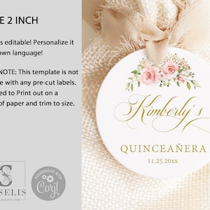 Editable Template Quinceanera Tag, Thank You, Blush Flowers, Gift Tag ...