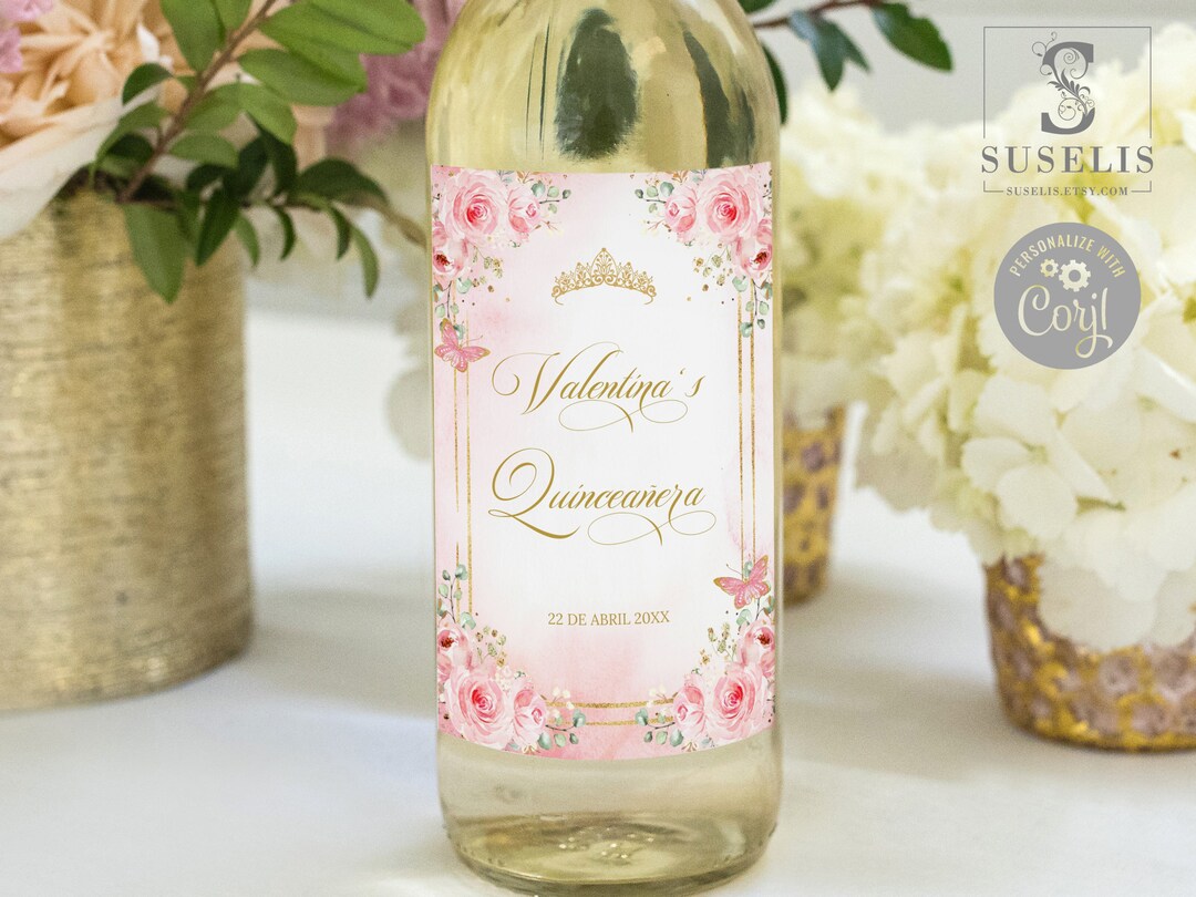 EDITABLE Template Quinceañera Wine Bottle Label, Blush Pink, Butterfly ...