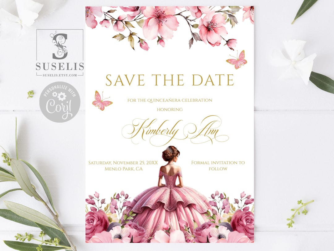 Editable Quinceañera Save the Date Card Template, Pink Sakura Cherry ...