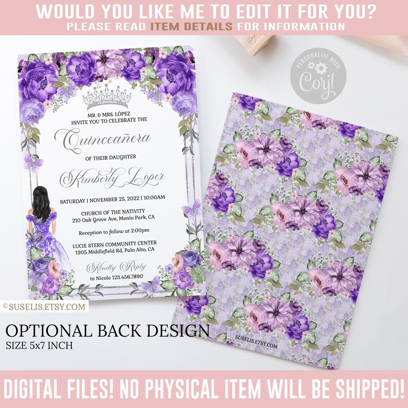 EDITABLE Quinceanera Invitation Back Purple Lavender - Etsy