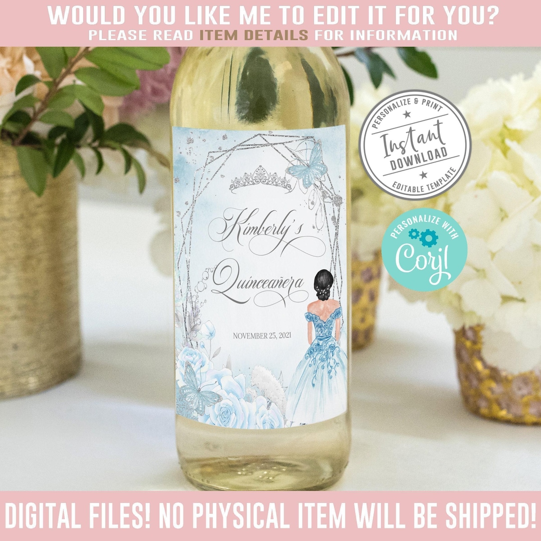 EDITABLE Quinceañera Wine Bottle Labels, Silver Blue, Butterfly, Mis ...