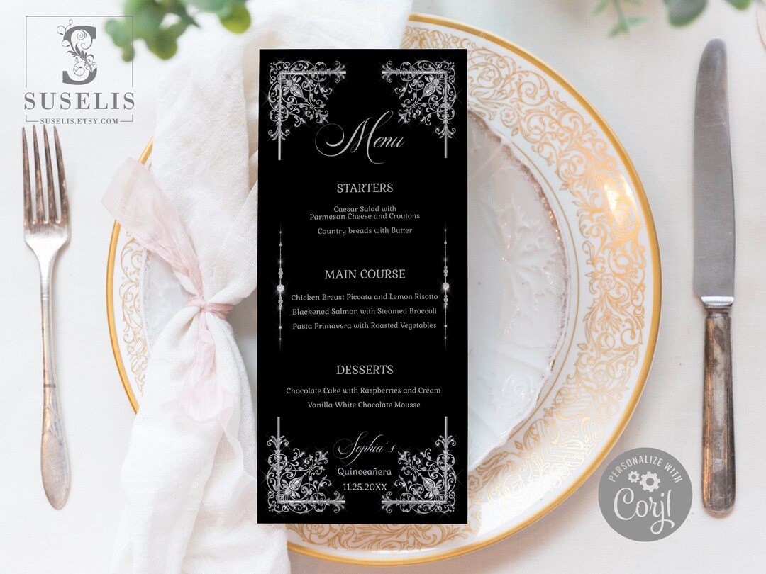 EDITABLE Menu Template, Silver Ornaments, Quinceanera, Sweet 16 ...