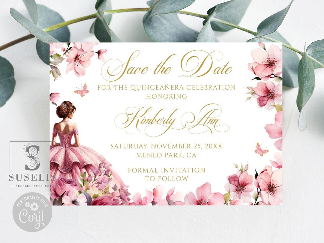 Editable Quinceañera Save the Date Card Template, Pink Sakura Cherry ...
