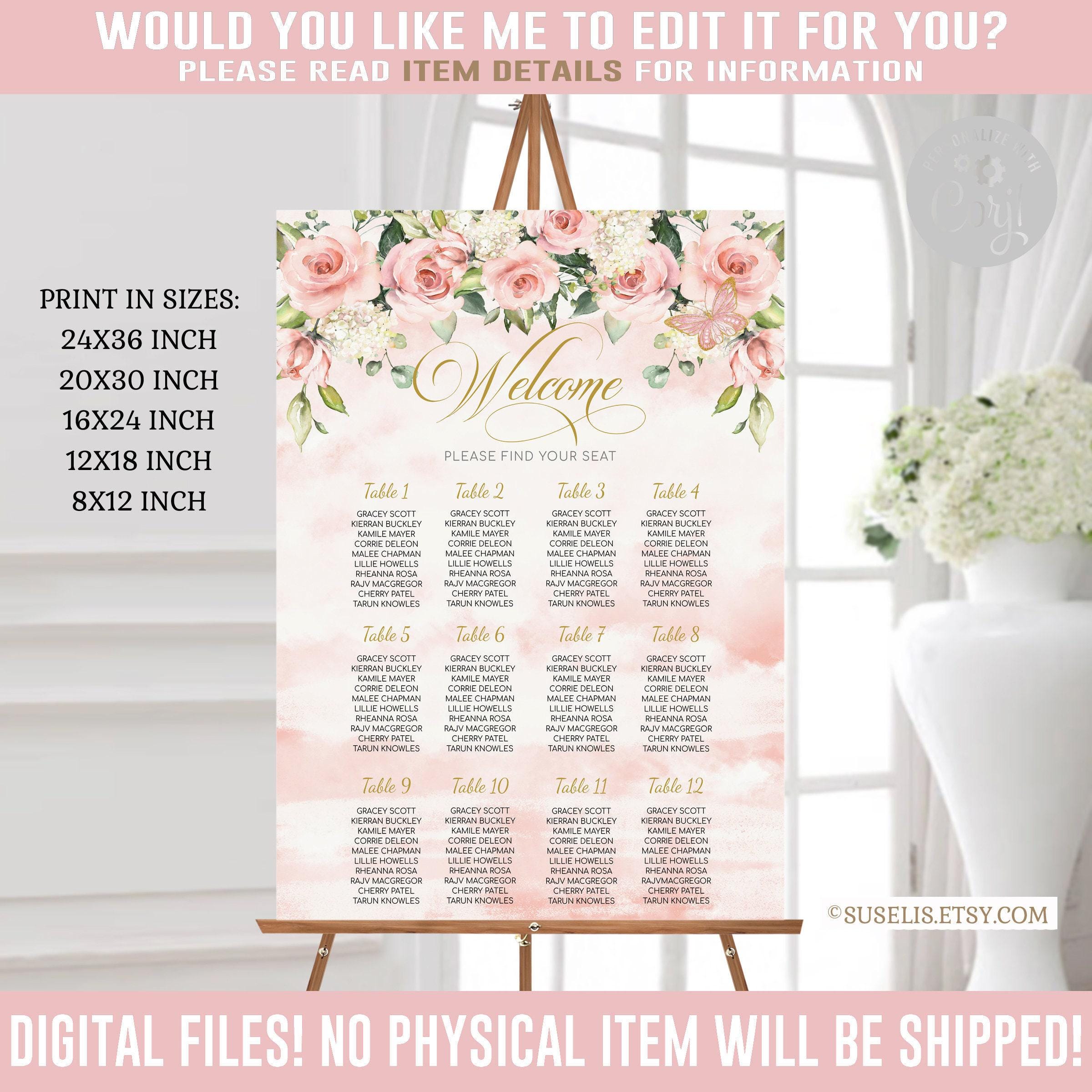 EDITABLE Seating Chart, Seating Plan, Table Plan, Watercolor Blush Pink ...