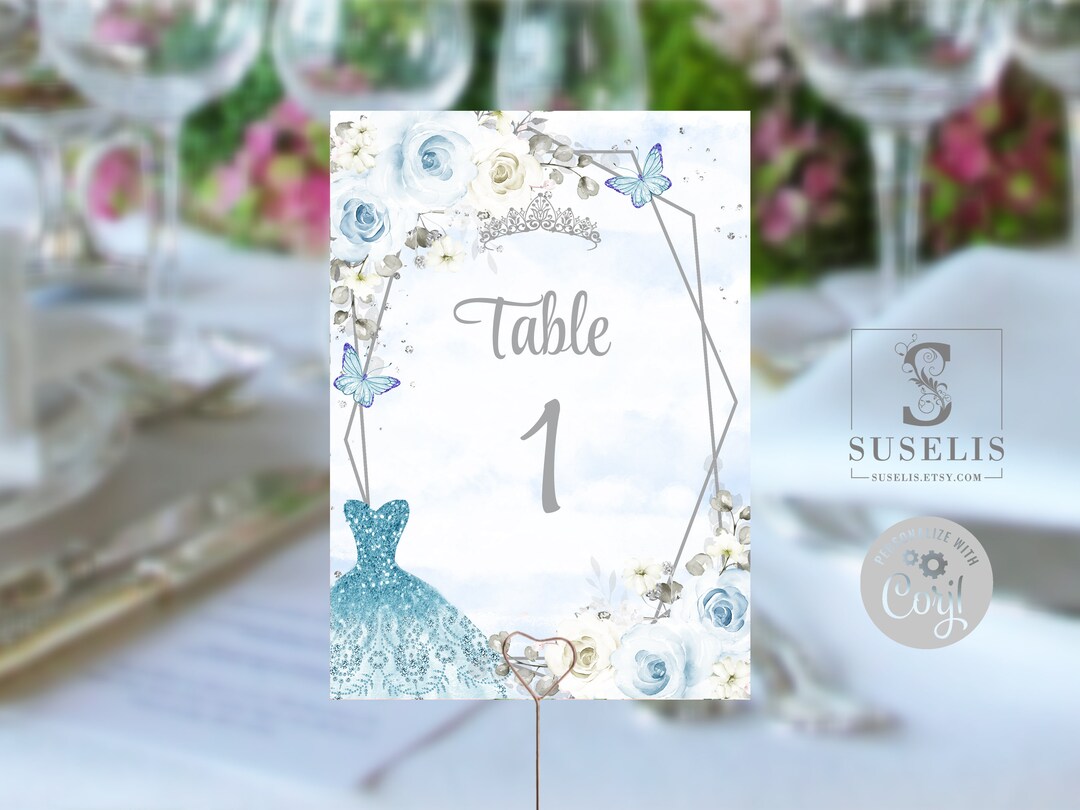 EDITABLE Table Numbers Template, Quinceanera, Silver Blue Flowers ...