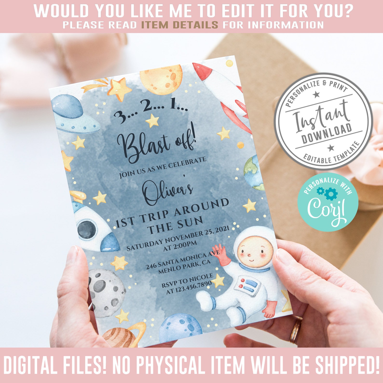 EDITABLE Outer Space Birthday Invitation Corjl Template | Etsy