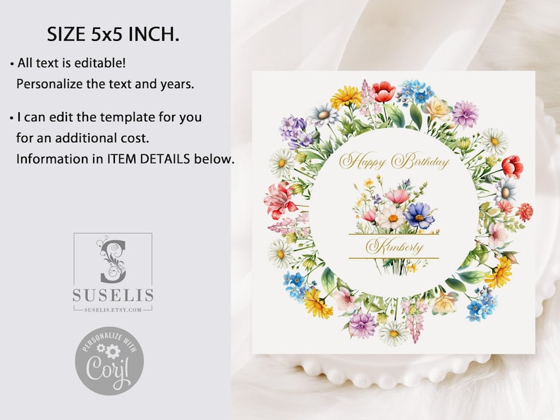 Editable Template Wildflower Birthday Invitation, Watercolor Meadow ...
