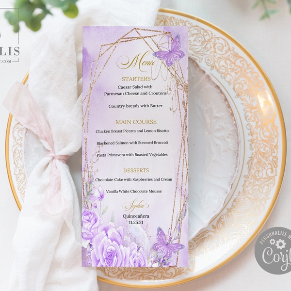 Purple Lilac Floral Quinceanera Gold Menu - Etsy