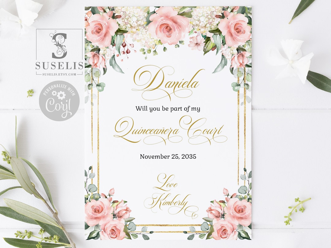 EDITABLE TEMPLATE Quinceanera Court Proposal, Blush Pink Flowers, Mis ...