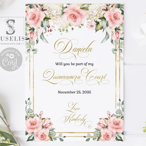 EDITABLE TEMPLATE Quinceanera Court Proposal, Blush Pink Flowers, Mis ...